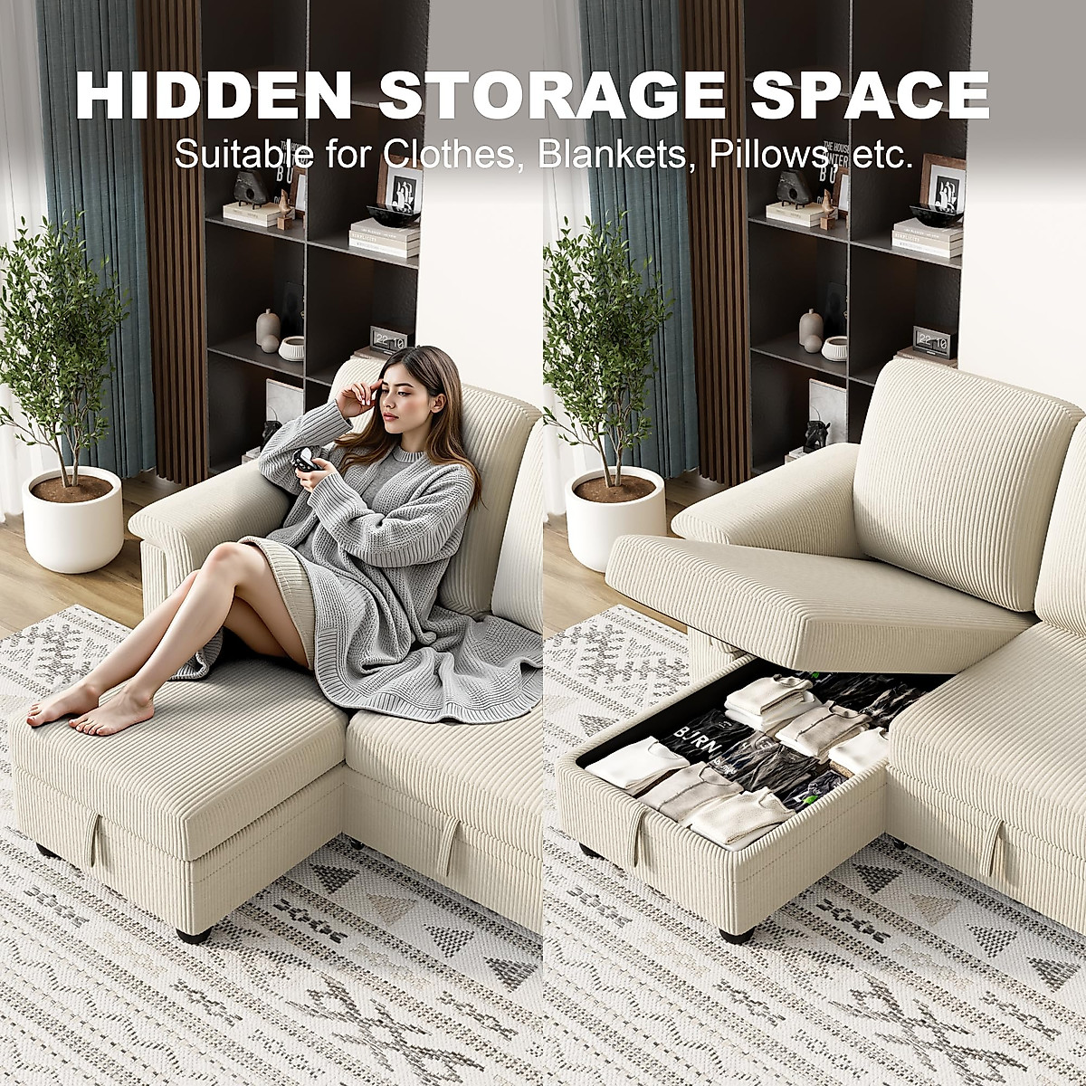 YESHOMY Sleeper L-Shaped Couch Sofa Bed Convertible Sectional Pull Out Couches,with Storage Space,for Living Room,Corduroy(Light Beige)