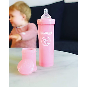 Twistshake Anti Colic Baby Bottles - Premium 330ml/11oz Bottles with 100ml Milk Storage Container for a Comfortable Feeding Experience for Baby Care - Pastel Pink