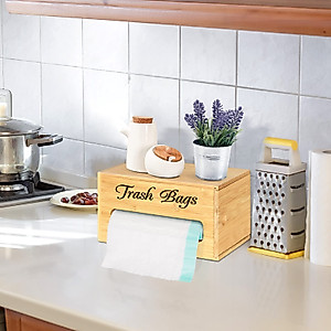 Trash Bag Holder for Kitchen Organizers and Storage, Bamboo Farmhouse Plastic Bag Holder Wall Mounted, Trash Bag Dispenser for Kitchen Countertop, Cabinet, Under Sink, Laundry Room Organization
