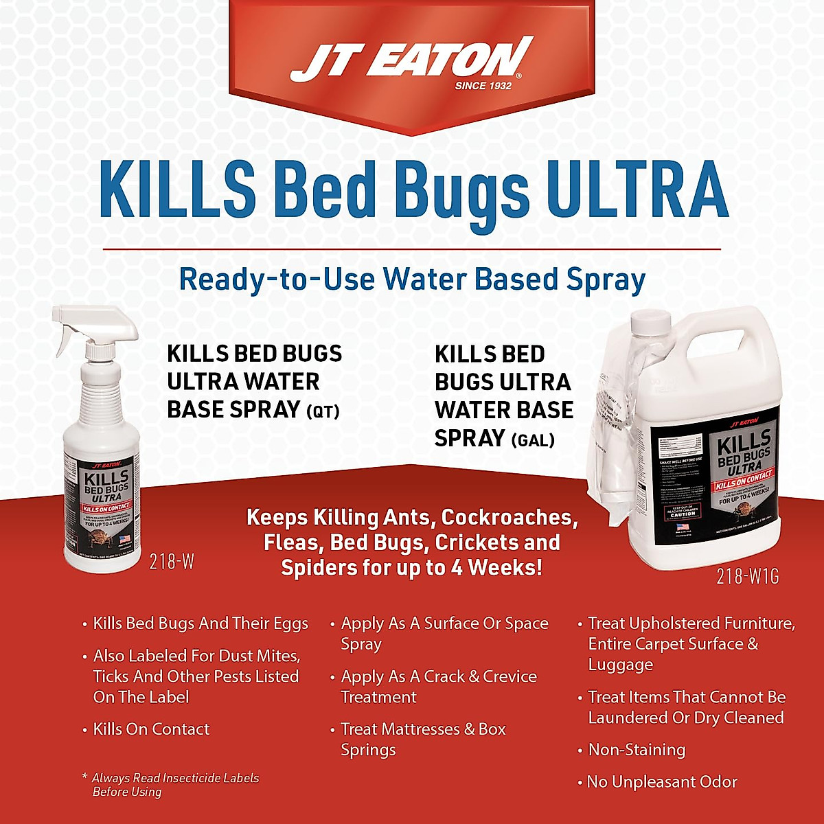 JT Eaton 218-W1G Kills Bed Bugs ULTRA Spray, Water-Based Insecticide, Long-Lasting Protection for Bedbugs, Roaches, Ants, and Dust Mites, 1 Gallon with Sprayer