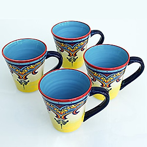 Euro Ceramica Zanzibar Collection Vibrant Coffee/Tea Mug Set, 4 Piece, Spanish Floral Design, Multicolor