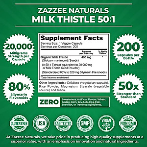 Zazzee Organic Milk Thistle 50:1 Extract, 20,000 mg Strength, 200 Vegan Capsules, 80% Silymarin Flavonoids, Over 6 Month Supply, Standardized and Concentrated 50X Extract, All-Natural and Non-GMO