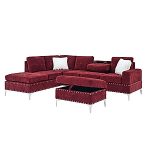 Yoglad Living Room Furniture Set, Sectional 5-Seater Sofa with Reversible Chaise, Corner Sofa Set with Ottoman, L Shaped Couch for Apartment, Living Room (107.5 Inch Chenille, Red)