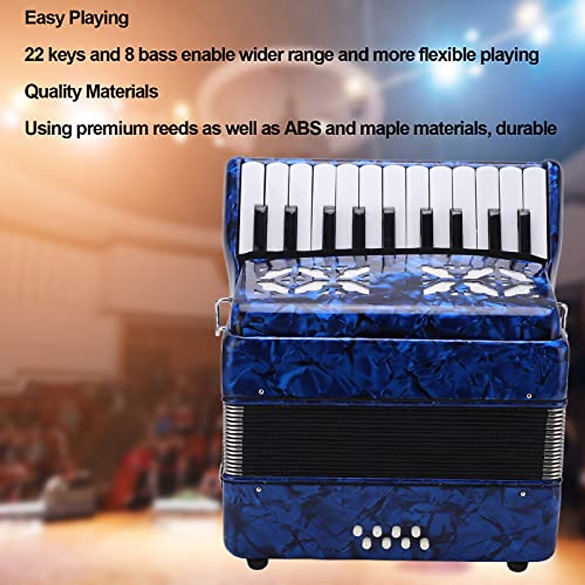 Accordion, 22 Keys 8 Bass Exquisite Celluloid Piano Accordion with Adjustable Straps, International Standard Professional Tuning Musical Instrument for Beginners Adults Stage Performance(Navy blue)