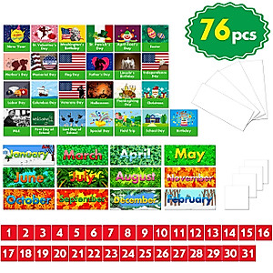 Blue Calendar Pocket Chart with 76 Cards,(68 Illustrated Activity Cards, 8 Dry Erasable Flash Cards and 3 Hooks)