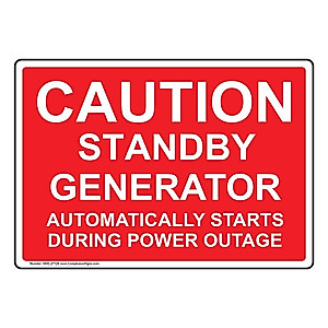 ComplianceSigns.com Caution Standby Generator Automatically Starts Label Decal, 5x3.5 in. 4-Pack Vinyl for Electrical Industrial Notices Red