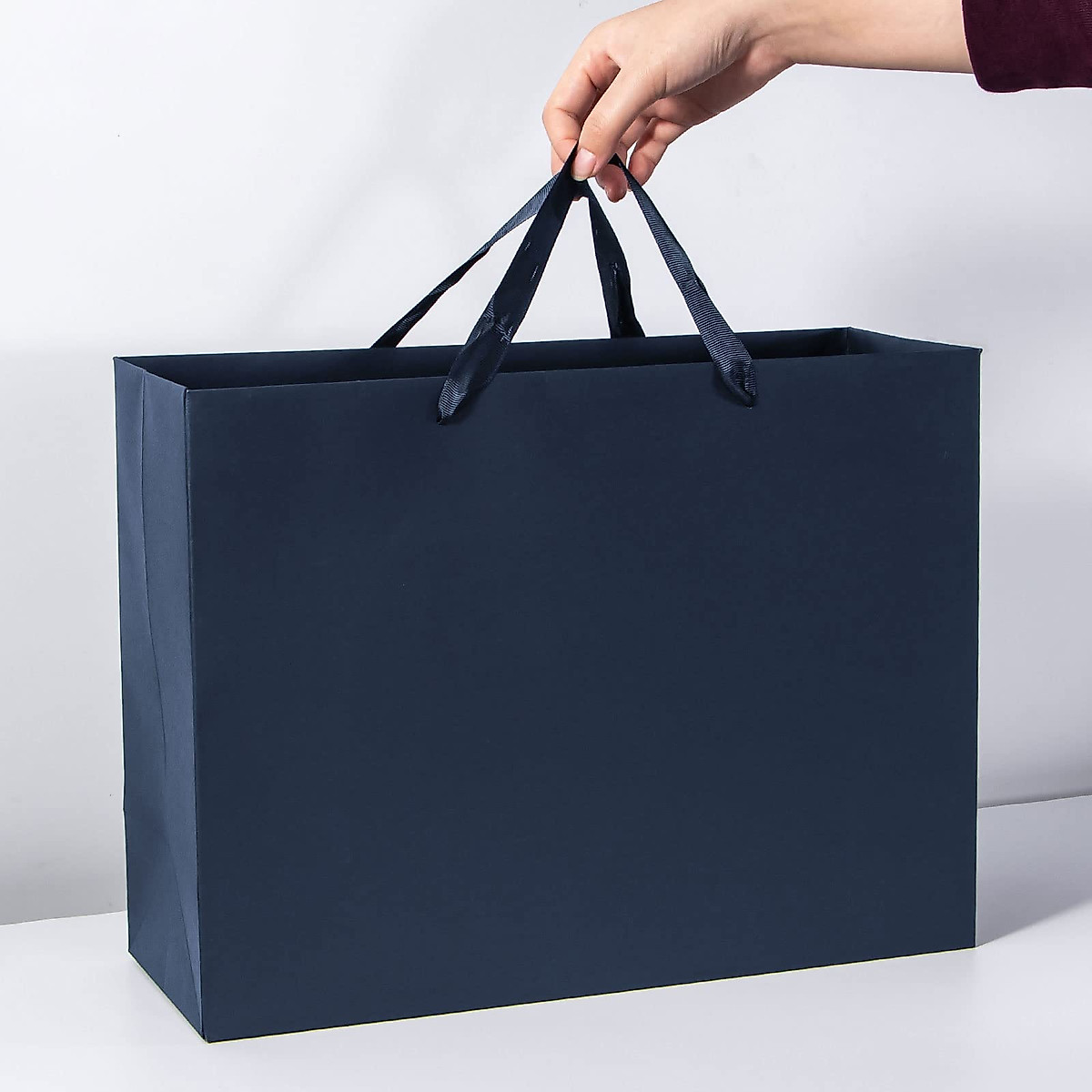 Katfort Large Navy Blue Gift Bag with Handles 12 Pack, 16''×6''×12'' Extra Large Gift Bag with Ribbon Handles, Reusable Heavy Duty Kraft Paper Bags Bulk for Shopping, Wedding, Party, Gift, Retail