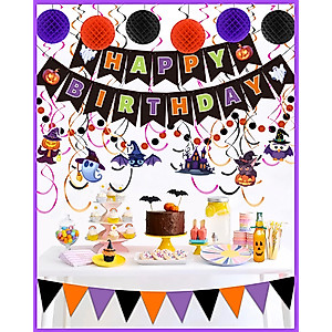 Happy Birthday Banner Halloween Birthday Party Decorations, Paper Pom Poms Triangle Flag Halloween Sign Hanging Garland Swirls Halloween Streamers for Birthday Party Supplies