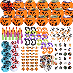 TOY Life Halloween Toys Prefilled Pumpkins Buckets Halloween Party Favors for Kids Bulk, 162Pcs Halloween Pinata Stuffers Halloween Bucket Goodies Bag Halloween Prizes Trick or Halloween Treats