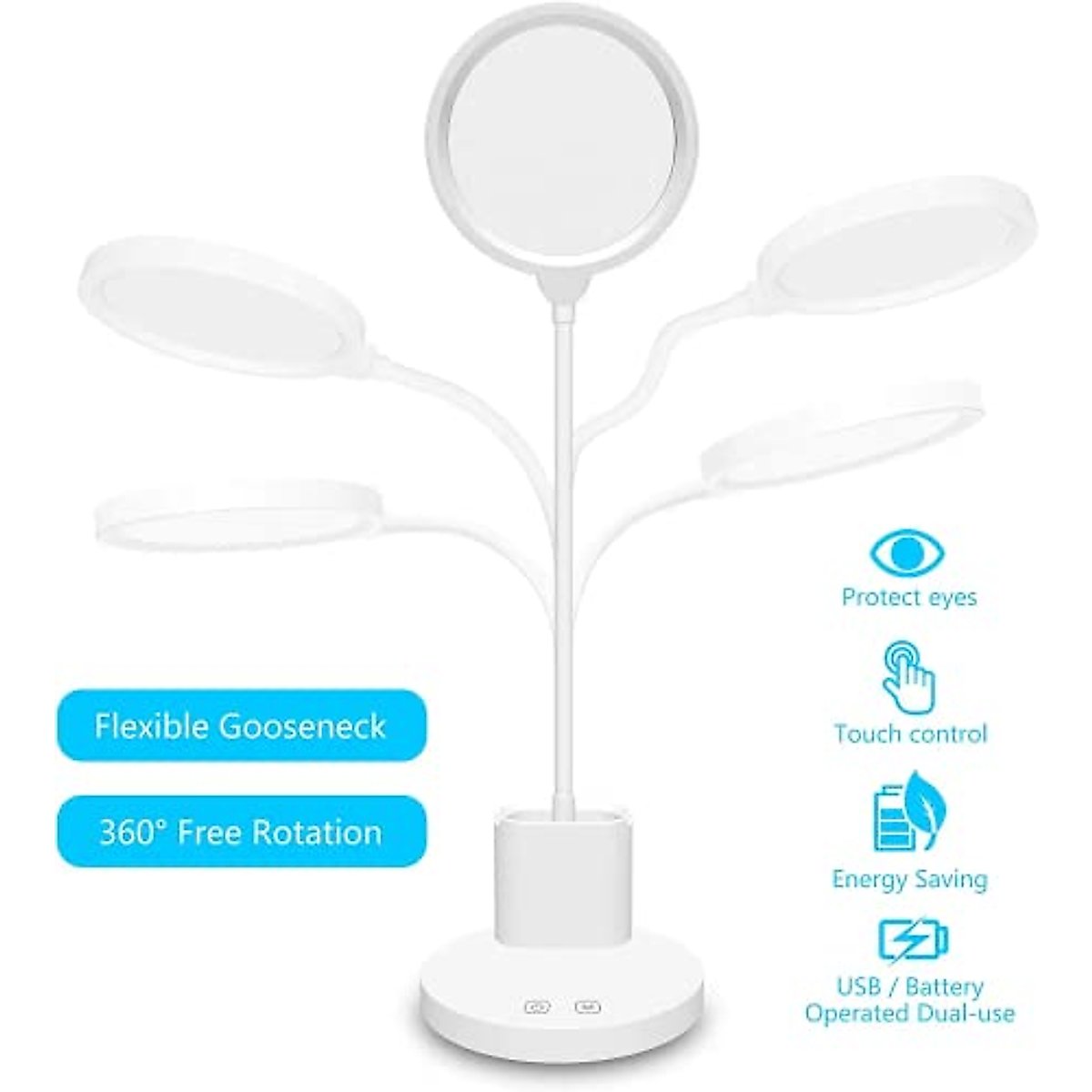 GOLSPARK LED Desk Lamp, Touch Control Desk Lamp Rechargeable 3 Color Modes with Stepless Dimmable, 360°Flexible Desk Lamp with Pen Holder, Battery Operated White Desk Lamp for Students, Dorm Reading