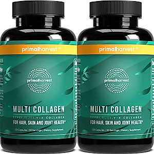 Primal Harvest 2 Pack, Multi Collagen Pills for Women and Men (Type I, II, III, V, X) Collagen Supplements for Women and Men, 120 Capsules w/Vitamin C for Hair, Skin, Nails Collagen Peptides Pills