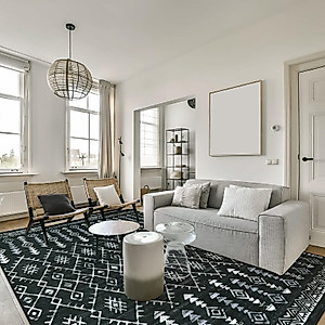 Morebes 8x10 Washable Rug for Living Room, Moroccan Large Bedroom Area Rug Non Slip, Soft Geometric Rug Indoor Floor Carpet for Dining Room Farmhouse Office, Black