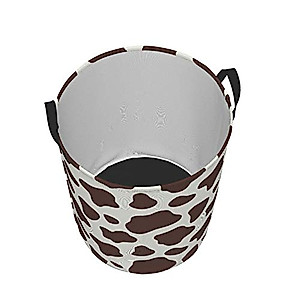 KiuLoam Brown and White Cow Print Laundry Baskets, Bedroom Hamper Collapsible Waterproof Oxford Fabric with Handle Foldable Cloth Washing Bin Tote Bag (16.5 Inches)