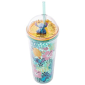 Silver Buffalo Disney Lilo and Stitch Aloha Tropical Leaves Pattern Dome Glitter Top Travel Tumbler, 24 Ounces