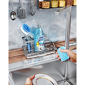 Sink Caddy, Consumest Kitchen Sponge Holder + Dish Brush Holder for Kitchen Sink, Sink Organizer with Drip Tray for Countertop, Stainless Steel Rustproof - Silver