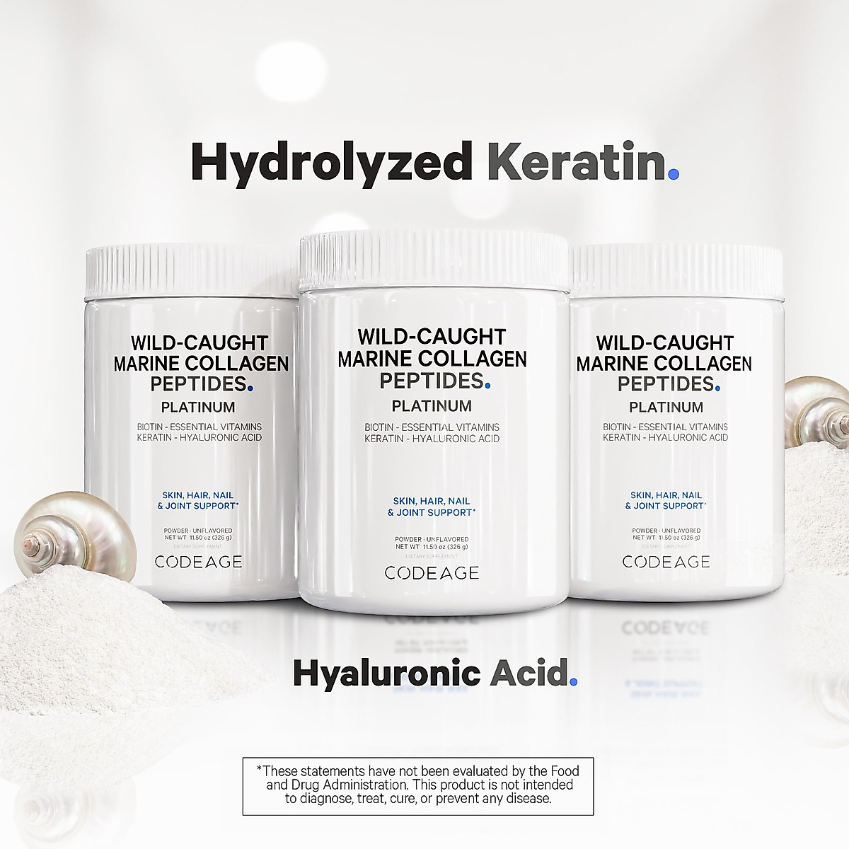 Codeage Marine Collagen Protein Powder Supplement Platinum - Biotin 10,000 mcg, Vitamin C, D3 & B6, Keratin, Hyaluronic Acid, Niacin, Wild Caught Hydrolyzed Fish Collagen Peptides - Non-GMO - 11.50 oz