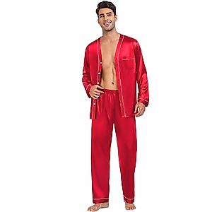 SWOMOG Satin Couples Matching Pajamas Set Silk Long Sleeve Sleepwear Nightwear Loungewear Red