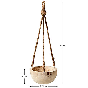 Serene Spaces Living Paulownia Hanging Wood Bowl with Jute Rope, Hanging Faux Succulent and Artificial Plants, Ideal for Home, Garden, Office Decor, Measures 4.5" Tall and 9.25" Diameter