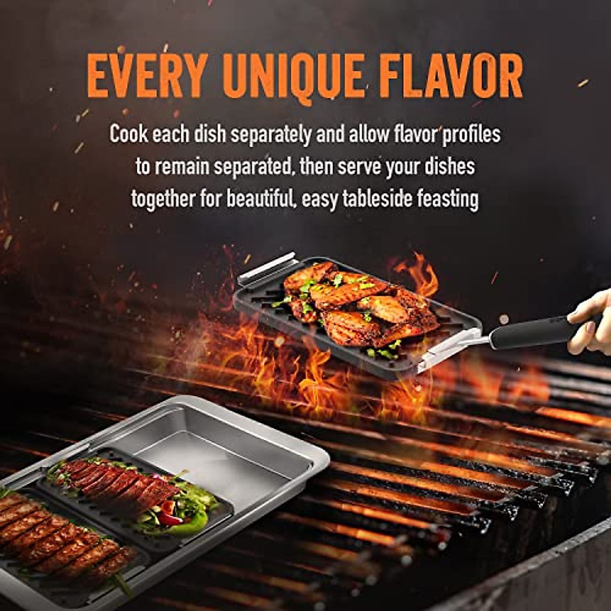 Yukon Glory SEAR 'N SERVE Cast Iron Grill Pan Set Includes - 3 Cast Iron Grilling Baskets a Serving Tray & Clip-On Handle - Cast Iron grill pans for stove tops or Outdoor Grills Leave Pro Sear Marks
