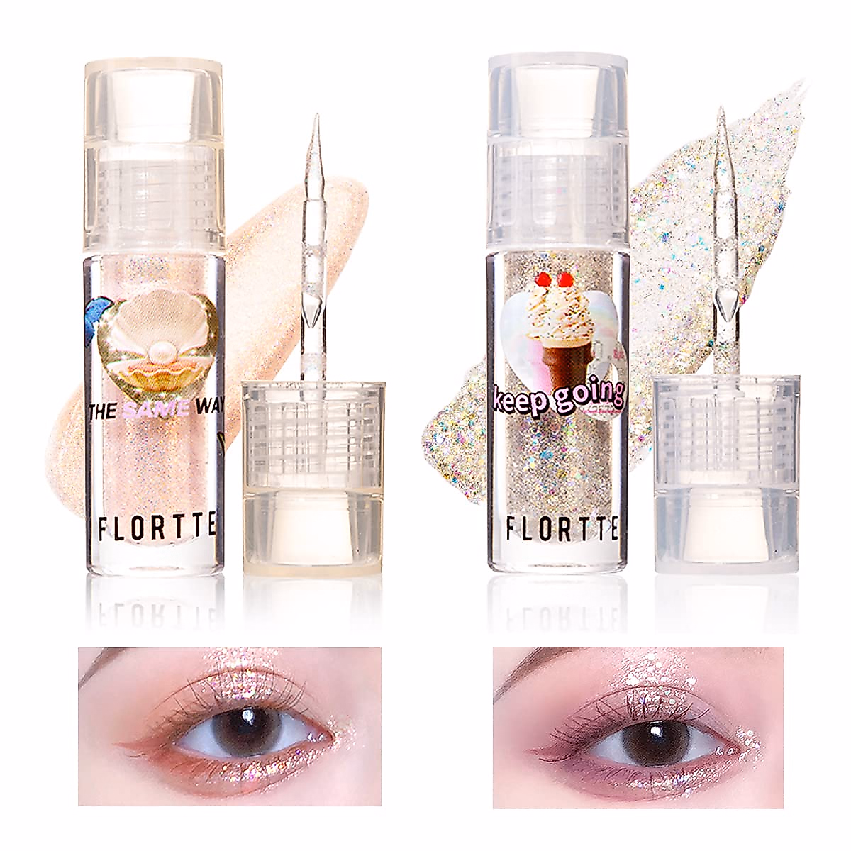 2PCS Flortte Liquid Glitter Eyeshadow, Korean Makeup Star Diamond Streamer Liquid Eyeshadow, Bling Pigmented Eye Makeup Sparkling Korean Eye Glitter, Easy to Apply Liquid Glitter Eyeshadow, Long Lasting Glitter Eyeliner Liquid Shimmer Eyeshadow (02+03)