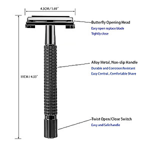 Double Edge Safety Razor Kit with Blades, Butterfly Safety Razor For Men Women, Metal Single One Blade Razor Fits All Double Edge Blade, Safe Quick to Change Blade, Eco Friendly DE Razor