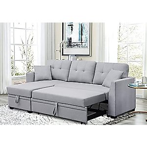 Sleeper Sectional Sofa Pull Out Sofa Bed for Small Spaces Small Sectional Couch Bed for Living Room with Storage Chaise for Apartment Bedroom,Guest Room, Grey