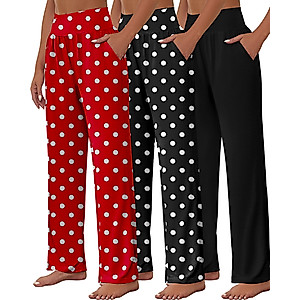Neer 3 Pcs Women's Wide Leg Yoga Pant Comfy Loose Sweatpants High Waist Lounge Casual Athletic Pant Workout Joggers Pant (Black, Polka Dot Black, Polka Dot Red,Medium)