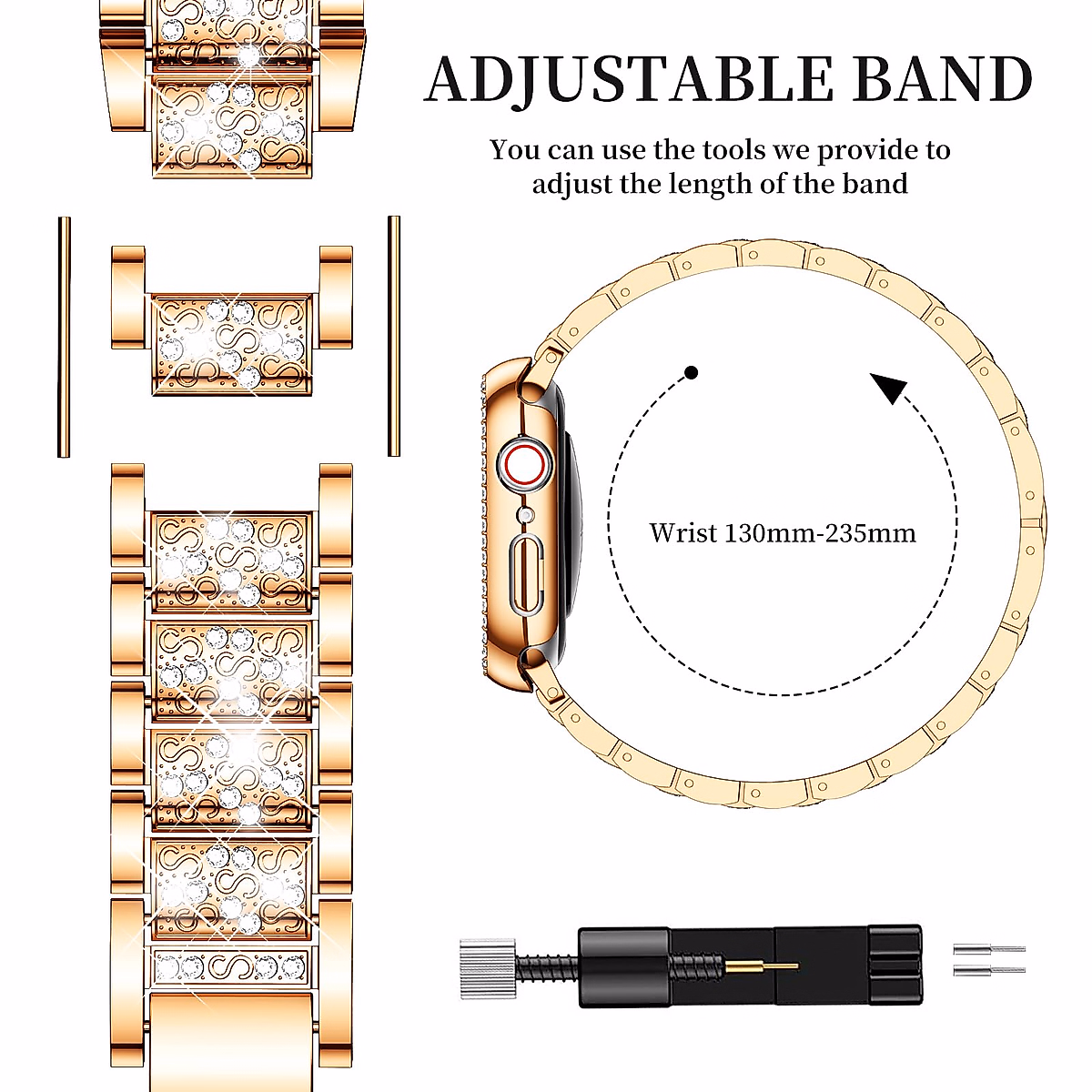 Mosonio Compatible with Apple Watch Band 40mm with Case Women, Jewelry Replacement Metal Wristband Strap with 2 Pack Bling PC Protective Cover for iWatch Series 6/5/4(Rose Gold)