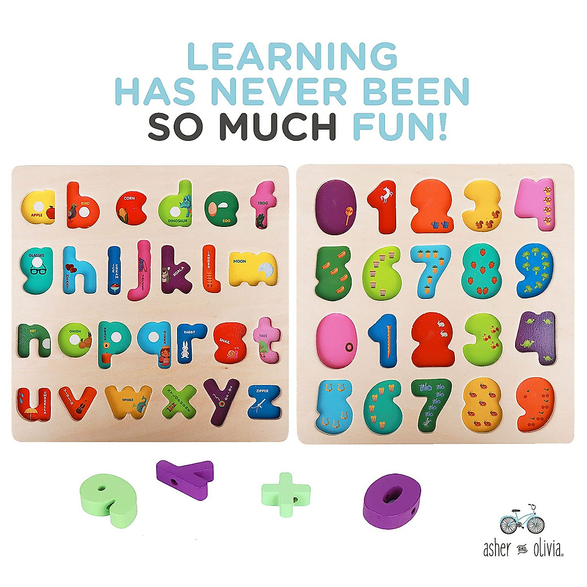 Wooden Alphabet Puzzle & Number Puzzle and Flash Cards Set - Includes Box, Lacing Beads and Threads