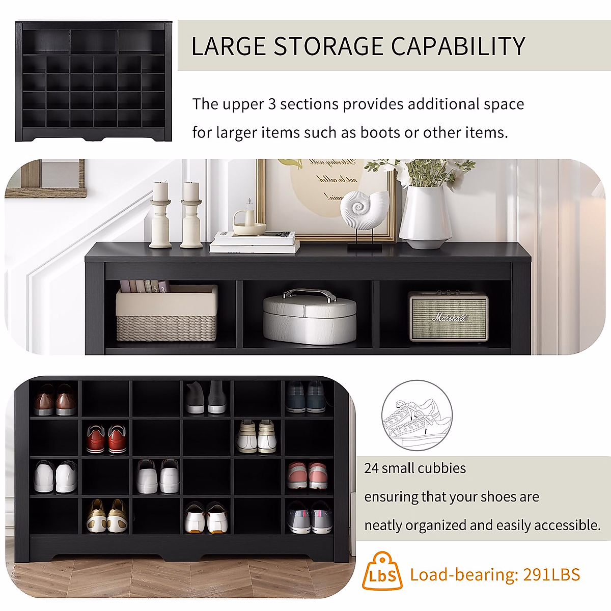 Linique 24 Shoe Cubby Console,Modern Shoe Cabinet Storage with Curved Base,Versatile Sideboard Shoe Organizer for Hallway,Bedroom,Living Room,Black