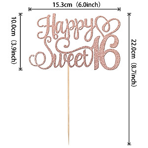 1 PCS Happy Sweet 16 Cake Topper Glitter 16th Birthday Cake Pick Cheers to 16 Years Birthday Cake Decoration for Happy 16th Birthday Anniversary Party Decorations Supplies Rose Gold