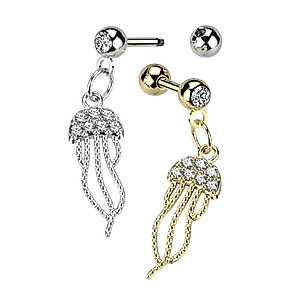 Pierced Owl 16GA 316L Stainless Steel CZ Crystal Paved Jellyfish Dangling Barbell (Silver Tone)