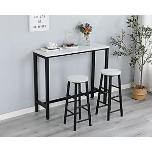 DiMorture Bar Table and Chairs Set Modern Counter Height Pub Table with 2 Stools, 3 Piece Marble Pattern Top & Metal Frame Bar Table Set Dining Table Set Home Kitchen Breakfast Table, White