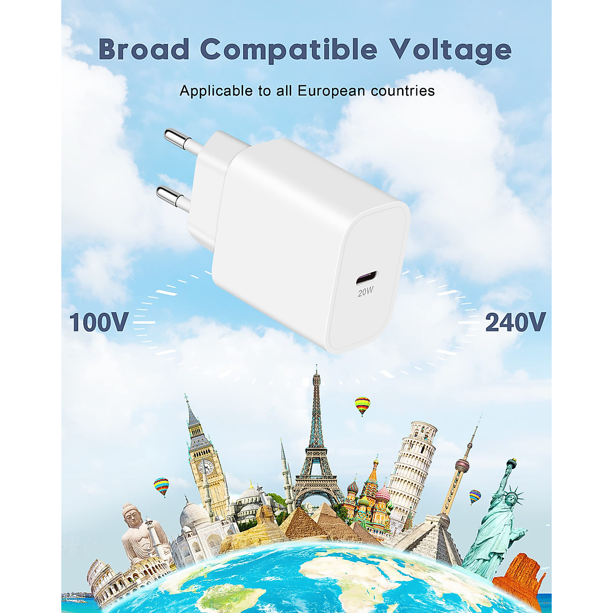 European Travel Plug Adapter, 20W iPhone Fast Charger USB C Wall Charger Block Plug with 10FT Charging Cable for iPhone 14/13/12/11 Pro Max/XS/XR/X/8, iPad, Europe EU Power Plug Type C Adaptor Charger