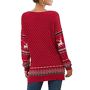 GRECERELLE Women's Fall and Winter Long Sleeve Side Split Loose Casual Pullover Christmas Sweater Tunic Tops FP Xmas Elk Red-Large