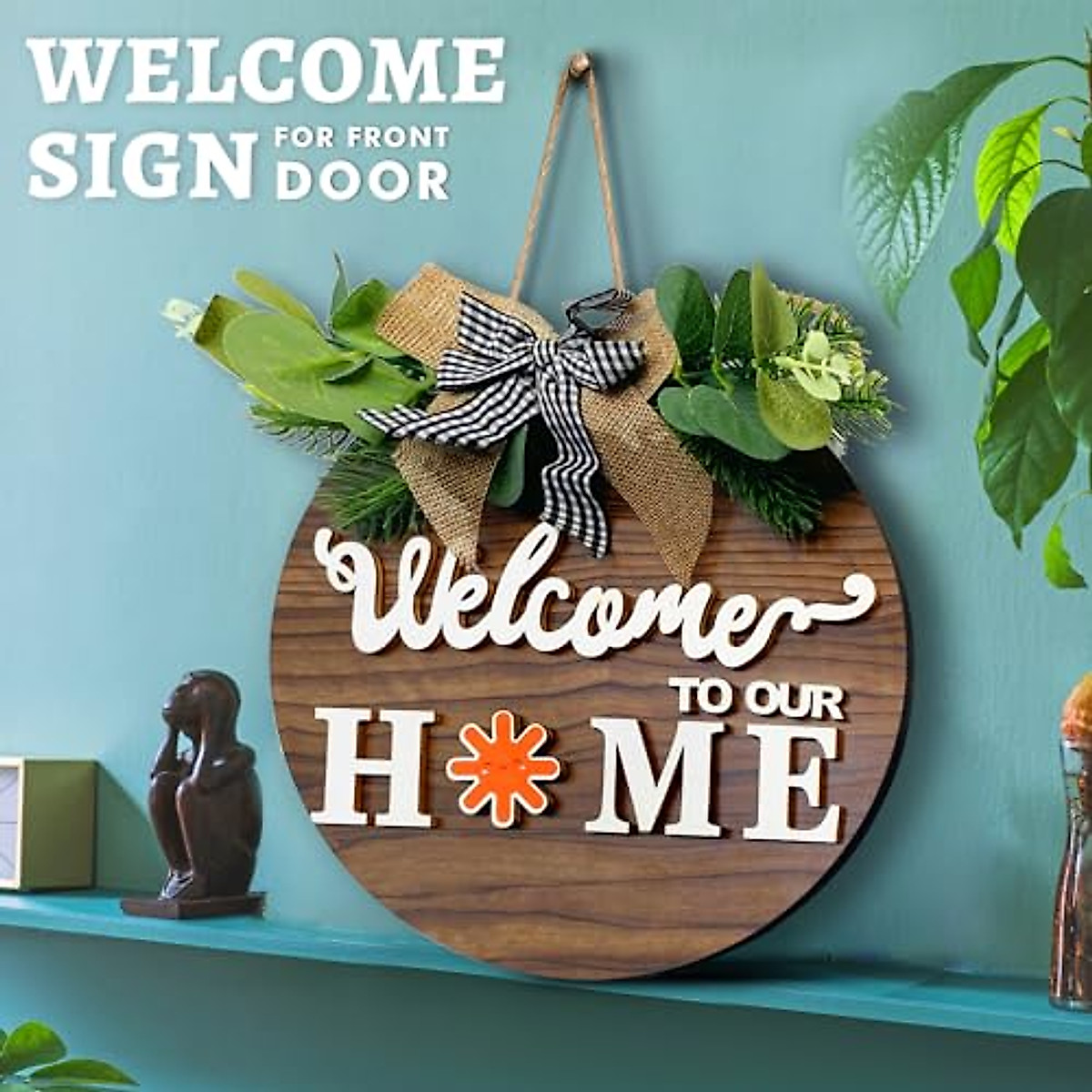 Interchangeable Seasonal Welcome Sign Front Door Decor– 30cm diameter Wooden welcome to our home wreath for home decor and Magnetic Interchangeable Icons, Suitable for all Occasions