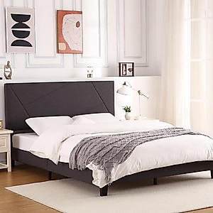 Queen Size Bed Frame with Adjustable Upholstered Headboard, Platform Bed Frame with Linen Fabric Wrapped,No Box Spring Needed, Fully Upholstered Mattress Foundation, Easy Assembly, Dark Grey