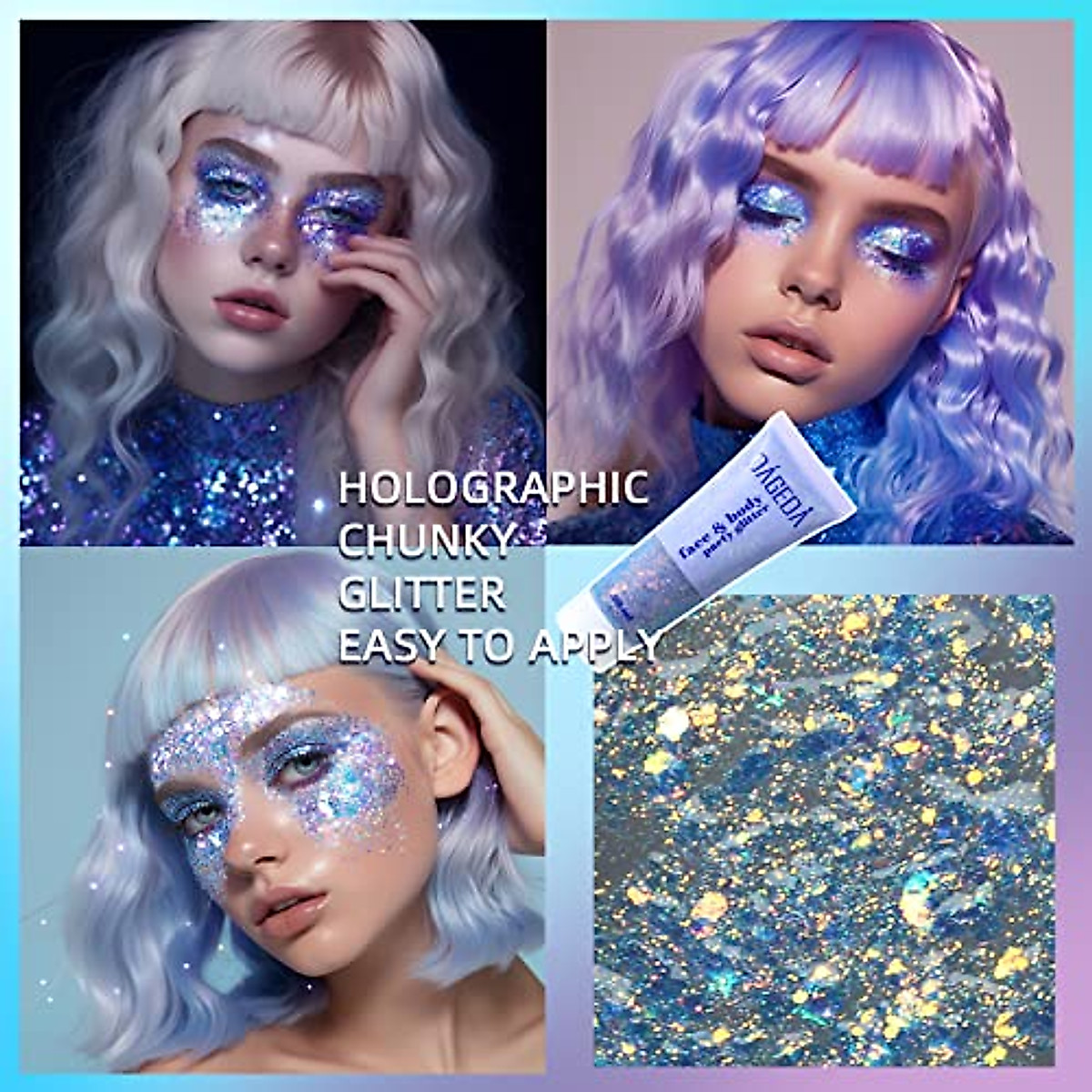 DAGEDA 2Pcs Body Glitter Gel, Face Glitter Gel Body Shimmer Body Sequins Liquid Eyeshadow, Holographic Laser Glitter Makeup Extra Fine Glitter Gel for Women Rave Accessorie (Mermaid and Galaxy Blue)