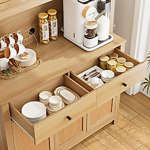 FINETONES 71" Kitchen Pantry Cabinet, Pantry Cabinet with Microwave Stand & Charging Hole, Freestanding Kitchen Hutch with Drawers and Adjustable Shelves, Kitchen Rattan Cabinet for Kitchen, Walnut