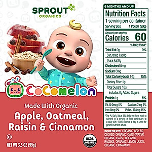 CoComelon Sprout Organic Baby Food Pouches, Apple Oatmeal Raisin with Cinnamon, 3.5 Oz Purees (Pack of 12)