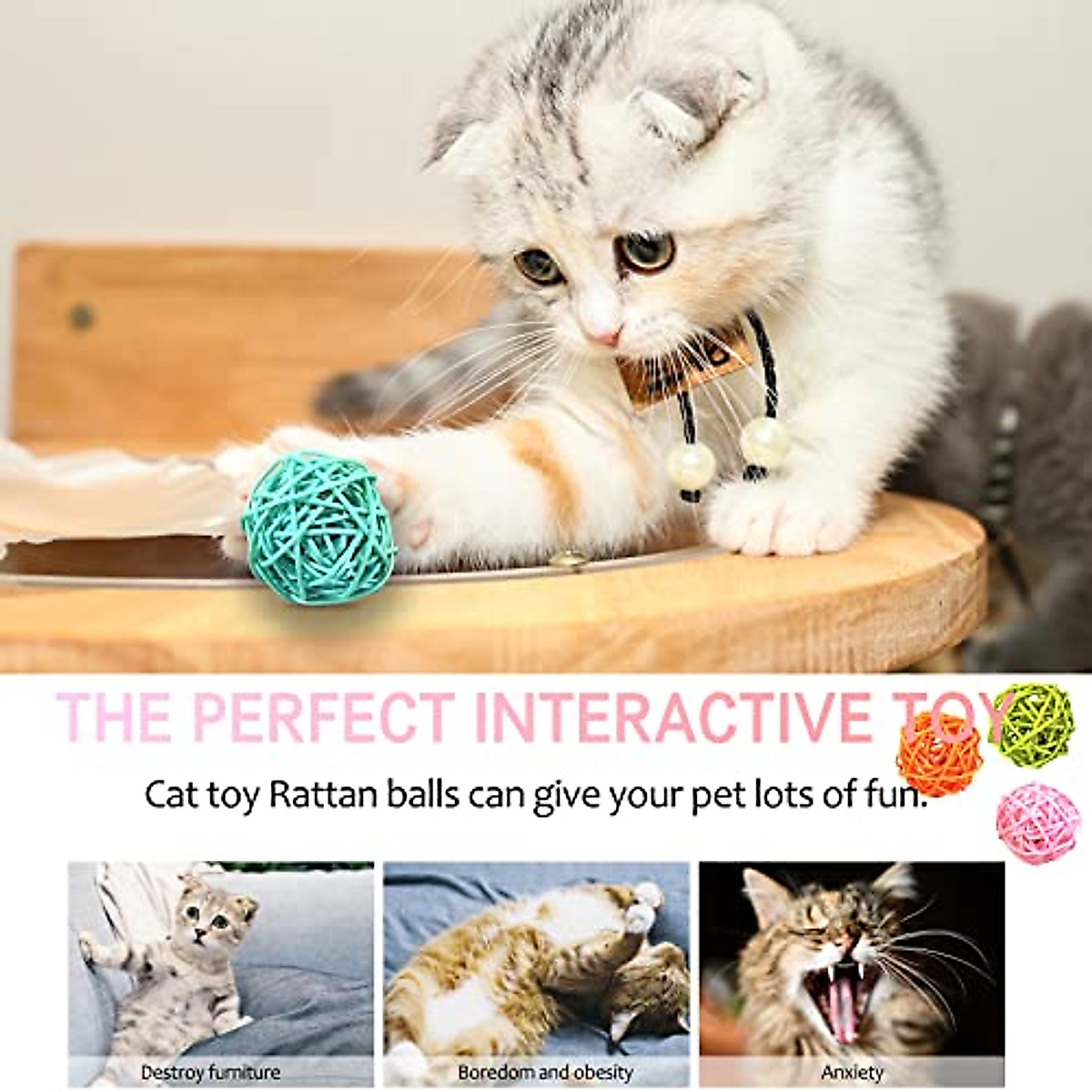 Andiker Cat Balls, 5pcs Colorful and Build-in Bell Cat Sound Ball Toy Bird Toys Natural Play Balls Parrot Gnawing Toy Chew and Chase Cat Toys for Indoor Cats to Keep Fit and Active (Bell Ball)