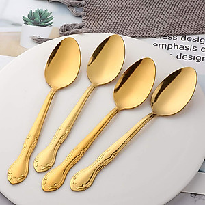 QIBOORUN 12-Piece Stainless Steel Dinner Spoons with Flower Edge, Stainless Steel Dinner Spoons Set, Table Spoon Dessert Spoons for Home, Kitchen or Restaurant - 7.3 Inches-Gold