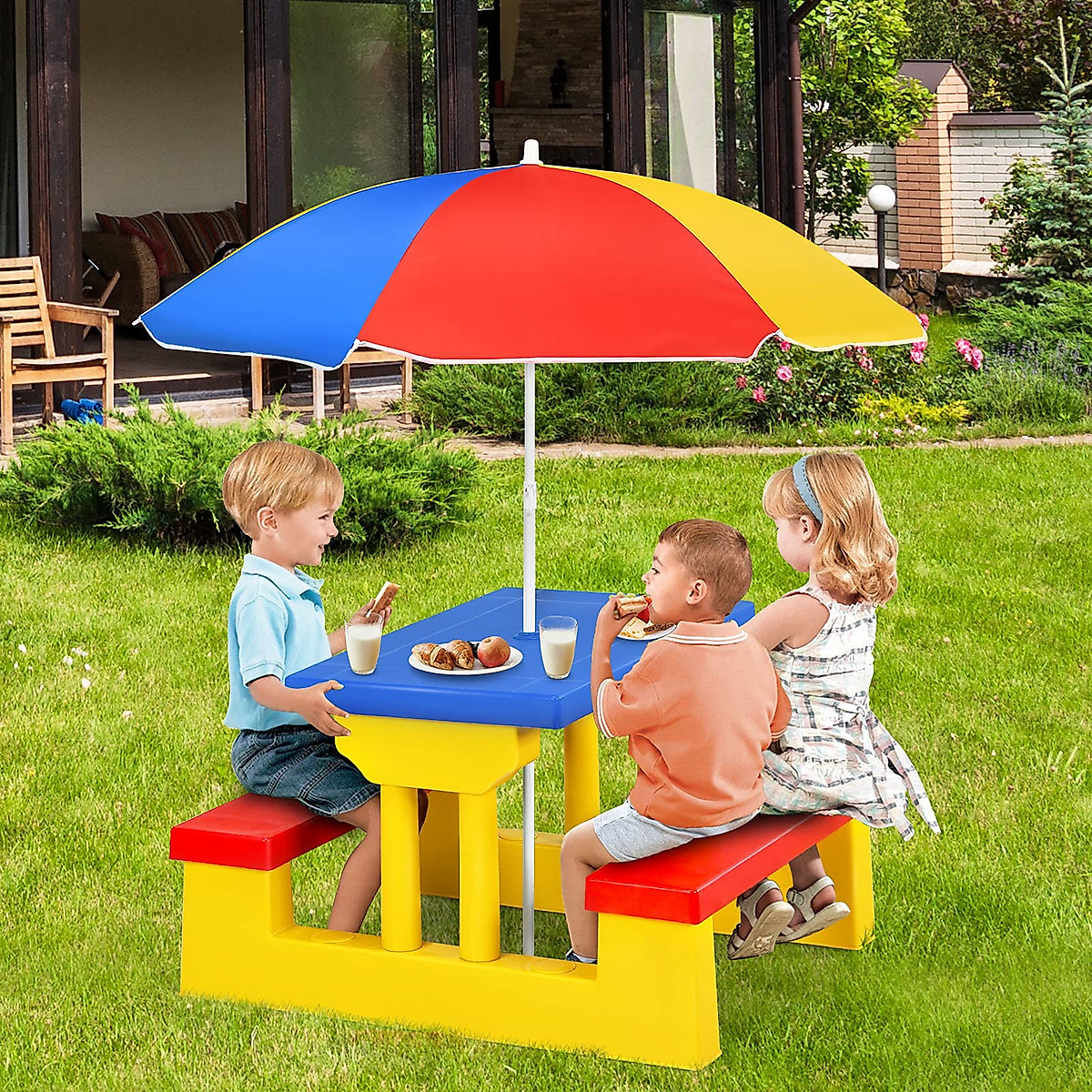 HONEY JOY Kids Picnic Table, Toddler Plastic Outdoor Table & Bench Set with Umbrella, Children Patio Furniture Set for Backyard Garden, Kids Picnic Tables for Outdoors, Gift for Boys Girls Age 3+