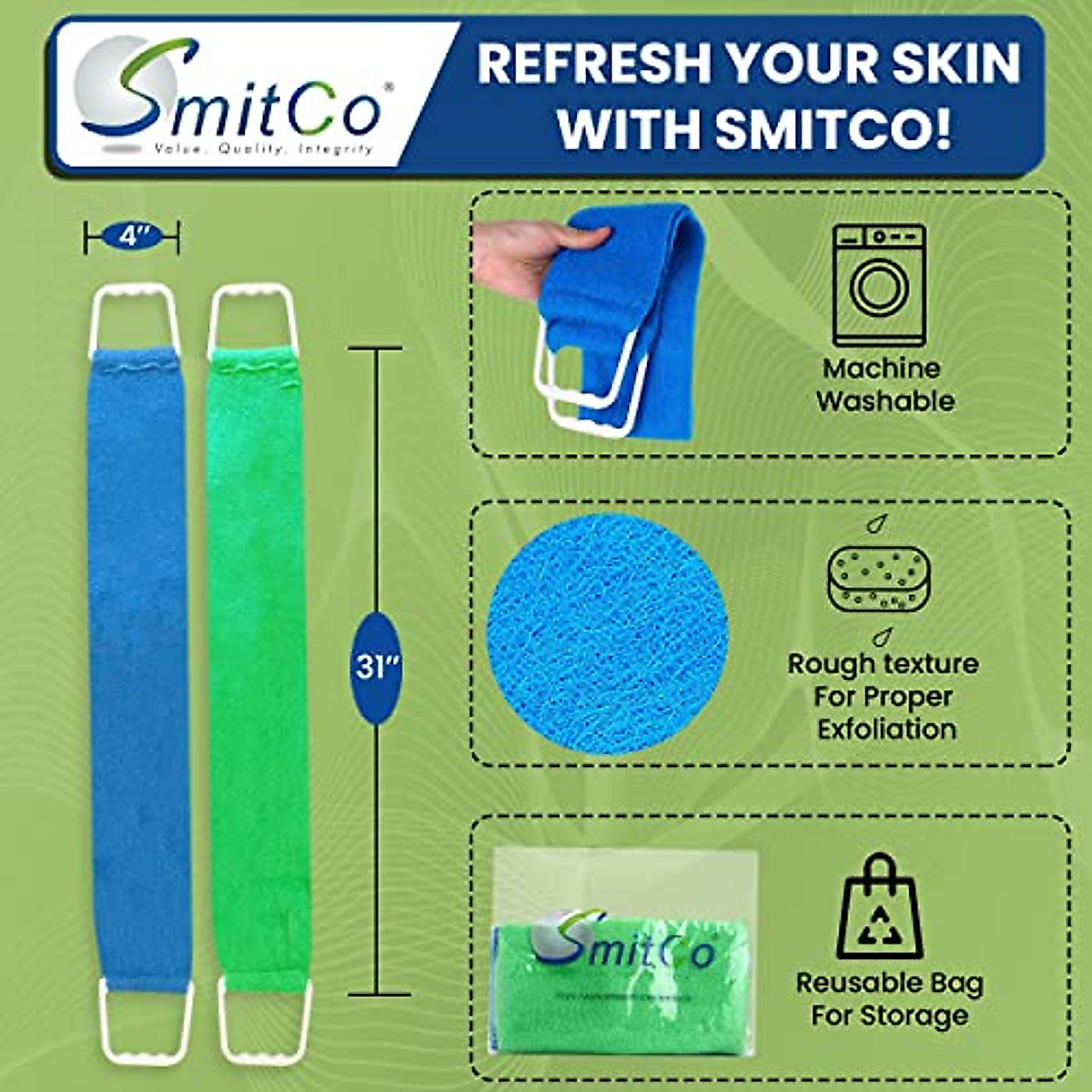 Back Scrubber for Shower for Men and Women | Extra-Long Exfoliating Shower Towel for Back Scrubbing | Exfoliation Back Cleaner Removes Dead Skin and Prevents Acne on Back- 2 Pack - Blue & Green