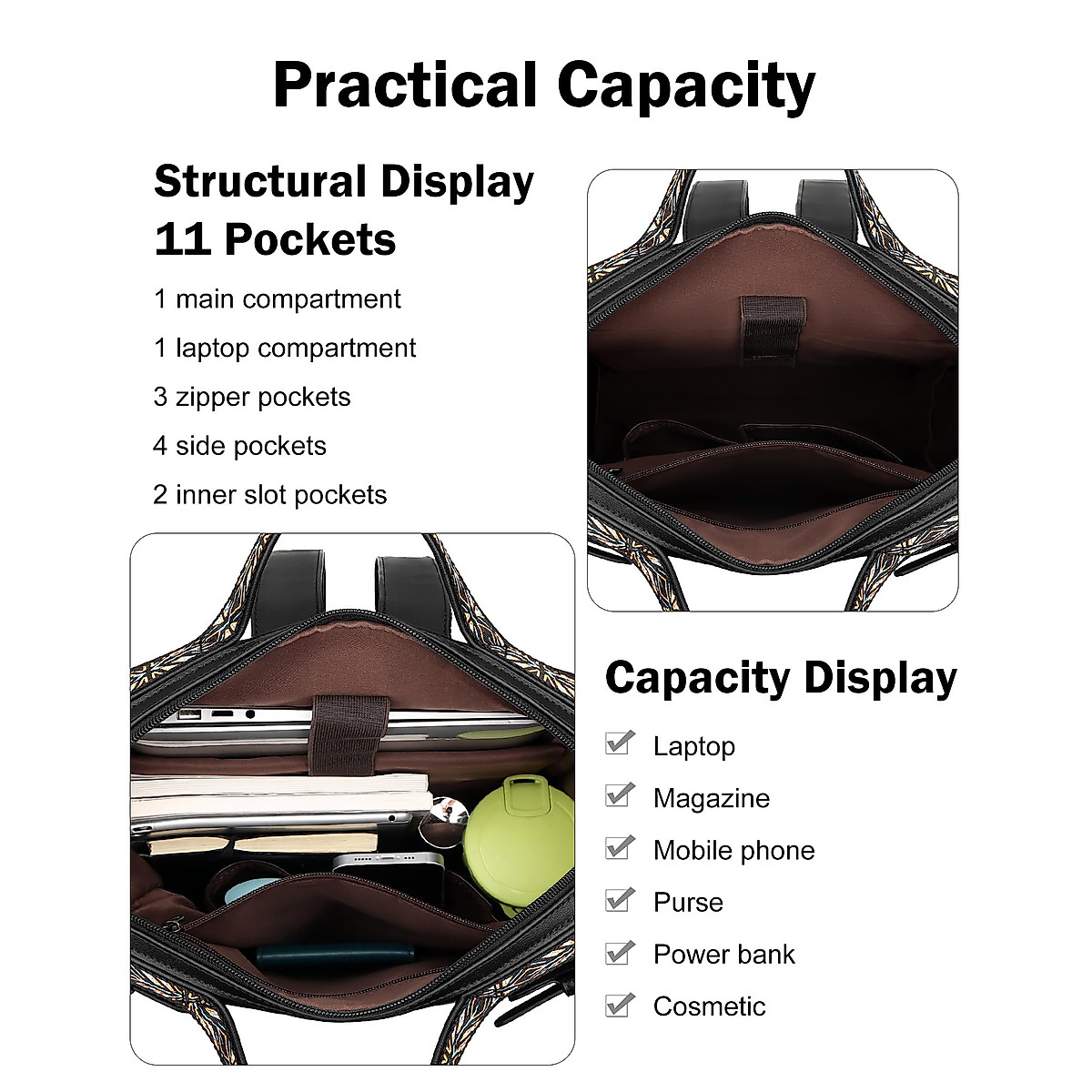 FADEON Leather Laptop Backpack for Women, Designer Ladies Work Travel Computer Backpack with Laptop Compartment Purse Black