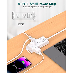 Cruise Essentials - Flat Plug Power Strip, Addtam 5 ft Ultra Flat Extension Cord with 6 Outlets Extender, No Surge Protector for Cruise Ship, Travel, Dorm, Home Office, ETL Listed
