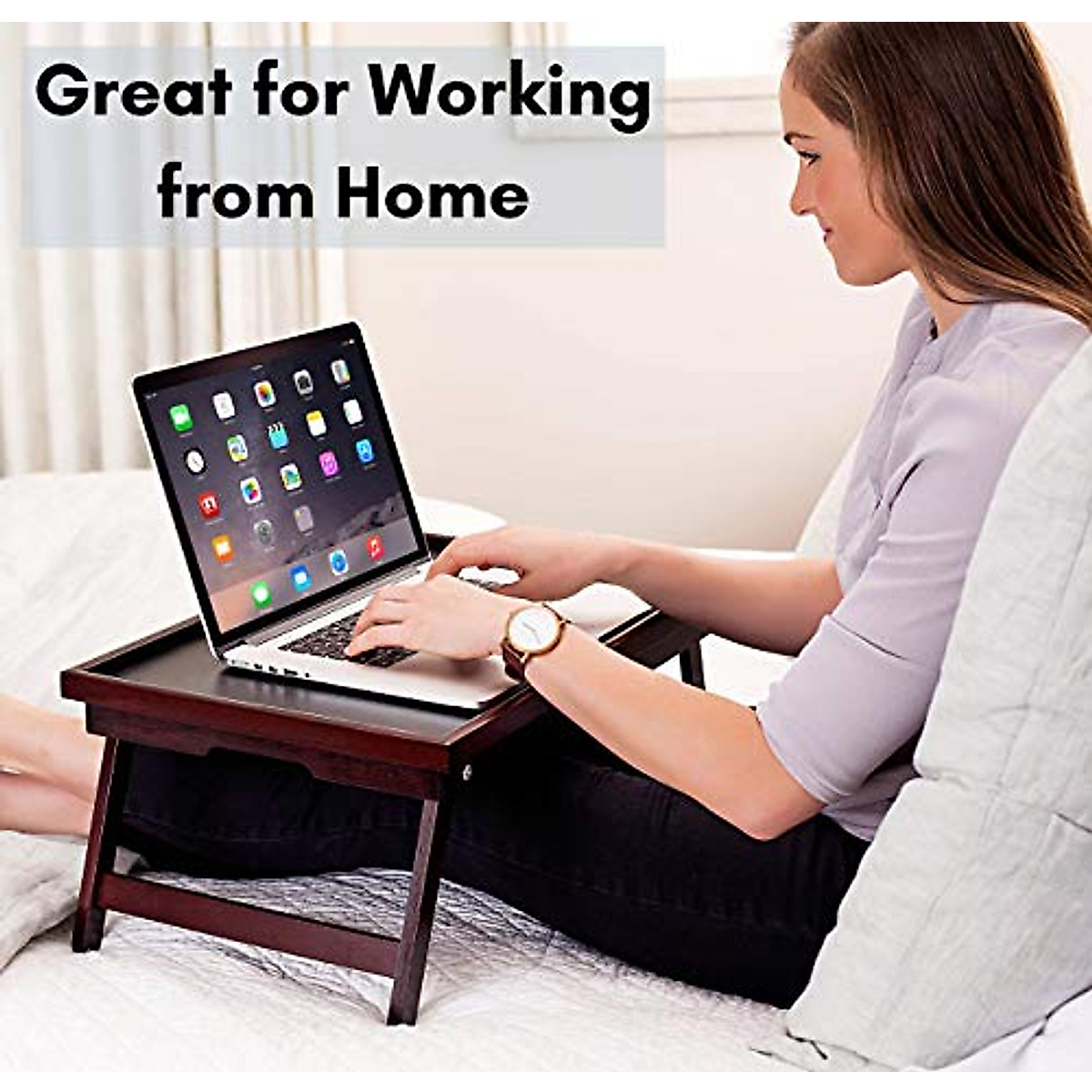 BIRDROCK HOME Bamboo Lap Tray with Black Top - Work from Home - Foldable Breakfast Serving Bed Tray - Lap Desk with Wide Tilting Top - Laptop Computer Stand for Couch Bed Chair - TV Tray
