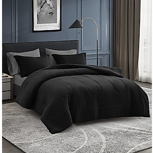 Maple&Stone Queen Size Comforter Set 7 Pieces Bed in a Bag - Down Alternative Bed Set with Sheets, Pillowcases & Shams, Soft Reversible Duvet Insert for Queen Bed, Black