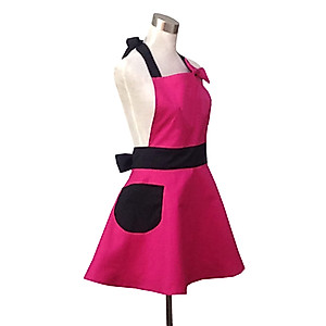 Hyzrz Lovely Hot Pink Retro Kitchen Aprons for Woman Girl Cotton Cooking Salon Pinafore Vintage Apron Dress