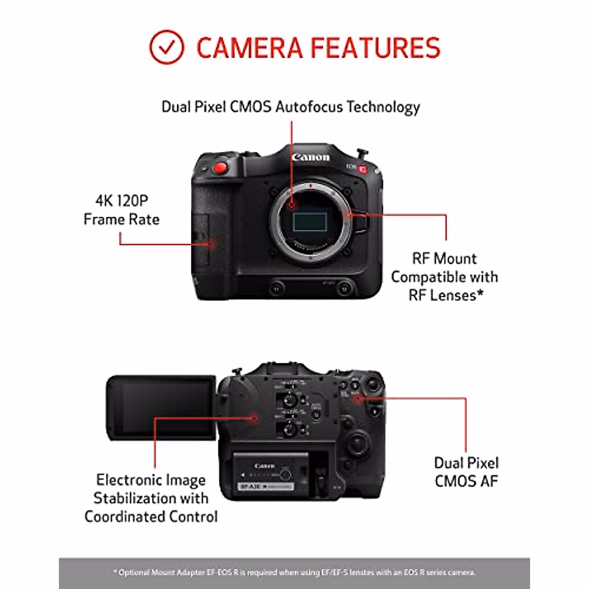Canon EOS C70 Cinema Camera RF Mount - EF Lens Compatibility w/EF-EOS R 0.71x Adapter - 16+ Stops Dynamic Range - ND Filters - RAW Internal Recording - CMOS AF - Face Eye Detection, Subject Tracking